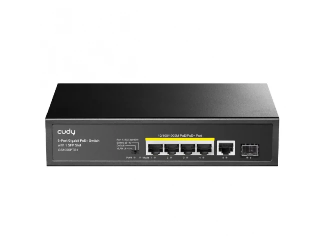 Cudy GS1005PTS1 gigabitni PoE svič - 5 portova, 10.100.1000 Mbps, 4 PoE, 1 RJ45, 1 SFP slot