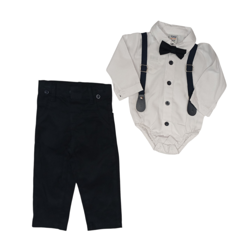 Komplet za bebe dečake bela košulja, pantalone, leptir mašna i tregeri 6m, 9m, 12m, 18m