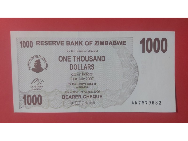 1.000 dollars 2006 god Zimbabwe aUNC