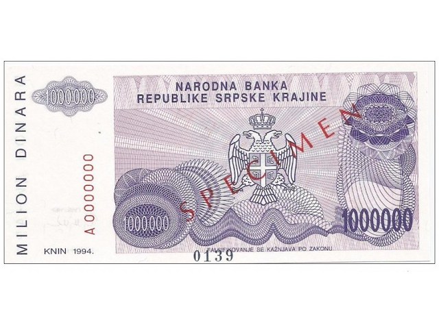 RSK Knin Krajina 1.000.000 dinara 1994. UNC SPECIMEN