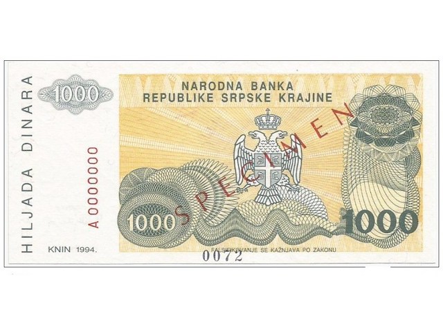 RSK Knin Krajina 1000 dinara 1994. UNC SPECIMEN P - R30