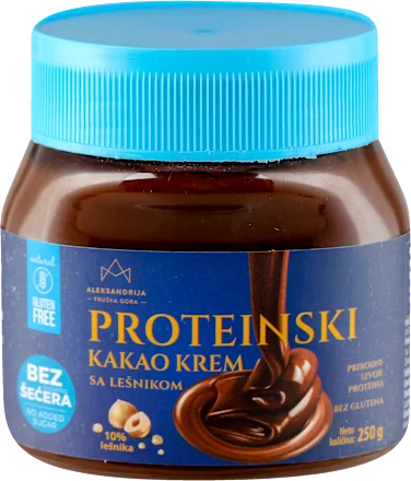 Aleksandrija
PROTEINSKI KAKAO KREM SA LEŠNIKOM, bez glutena, sa zaslađivačem, 250 g