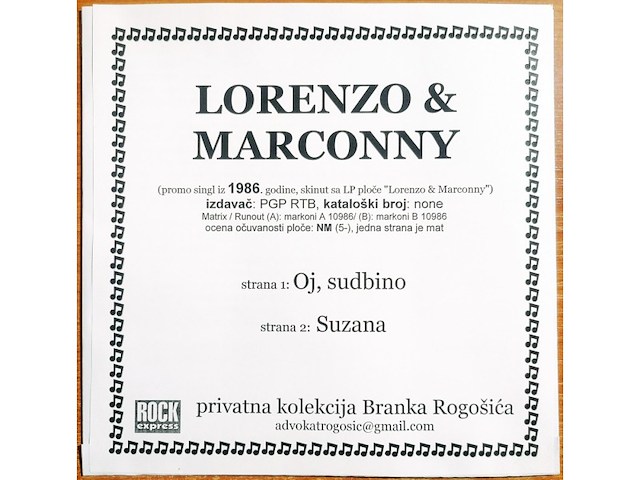 SP LORENZO &;; MARCONNY - Oj, sudbino (1986) promo, RETKO