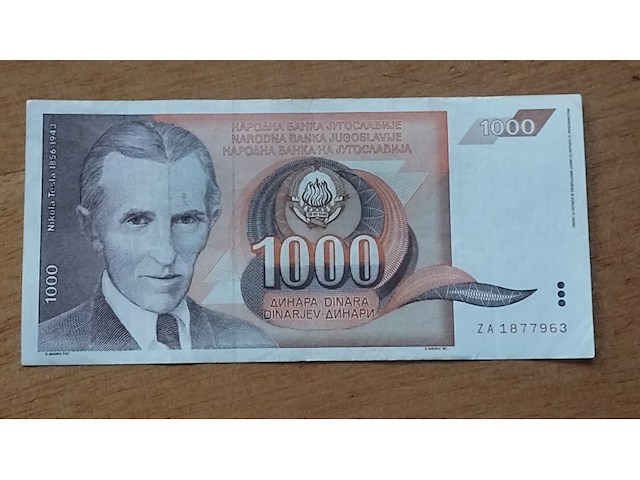 1000 Dinara 1990.g - SFRJ - Nikola Tesla - Zamenska