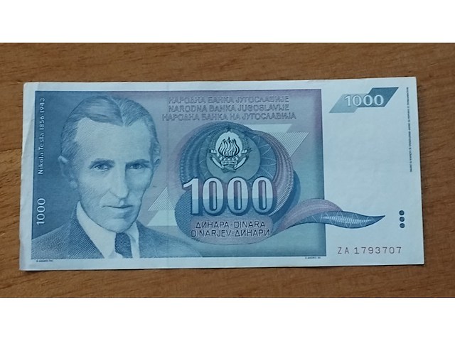 1000 Dinara 1991.g - SFRJ - Nikola Tesla - Zamenska