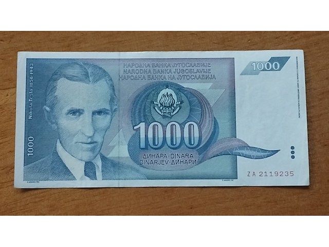 1000 Dinara 1991.g - SFRJ - Nikola Tesla - Zamenska
