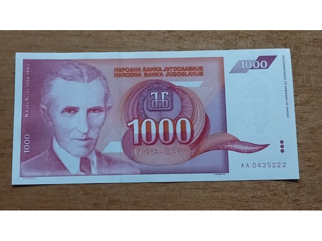 1000 Dinara 1992.g - SRJ - Nikola Tesla - ODLIČNA