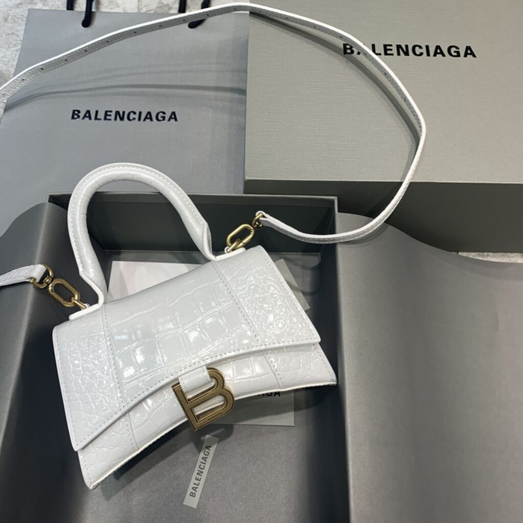 Balenciaga Hourglass torbica – mini format, bela lak koža sa