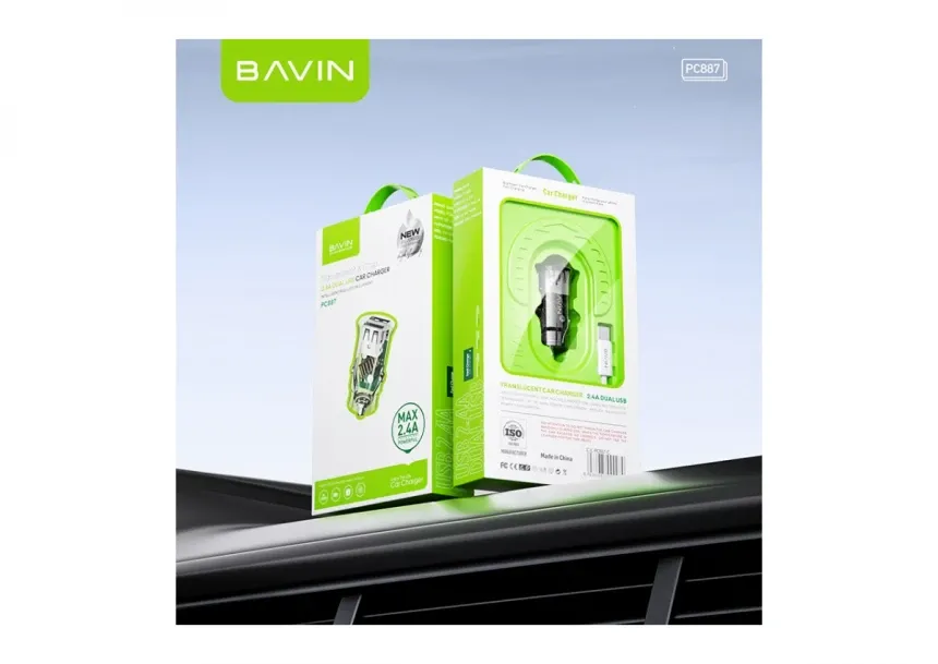 Bavin auto punjač 2.4A Dual 2xUSB-A + kabl type-A na type-C crna