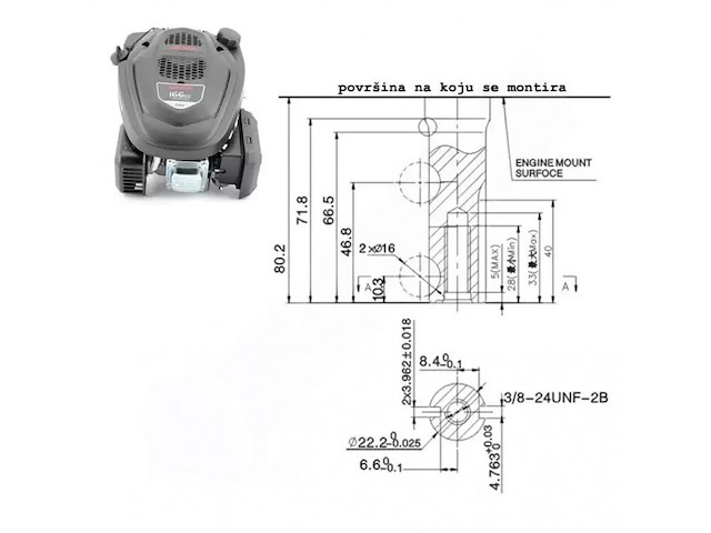 Motor ugradni za kosilice Loncin 166 cm³ 5KS 22,2x80mm
