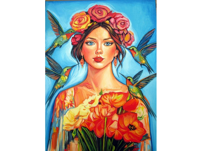 Ulje na platnu -Devojka i kolibri