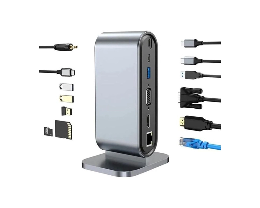 Adapter TIP C HUB na HDMI+VGA+4xUSB+SD/micro+RJ45+ PD+2xTIP C+Audio
