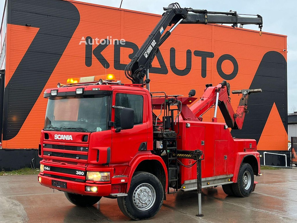 Scania P 114 4x4 BRO WRECKER / 2x WINCH 10 + 30 ton / CRANE Hiab 102-s- šlep auto