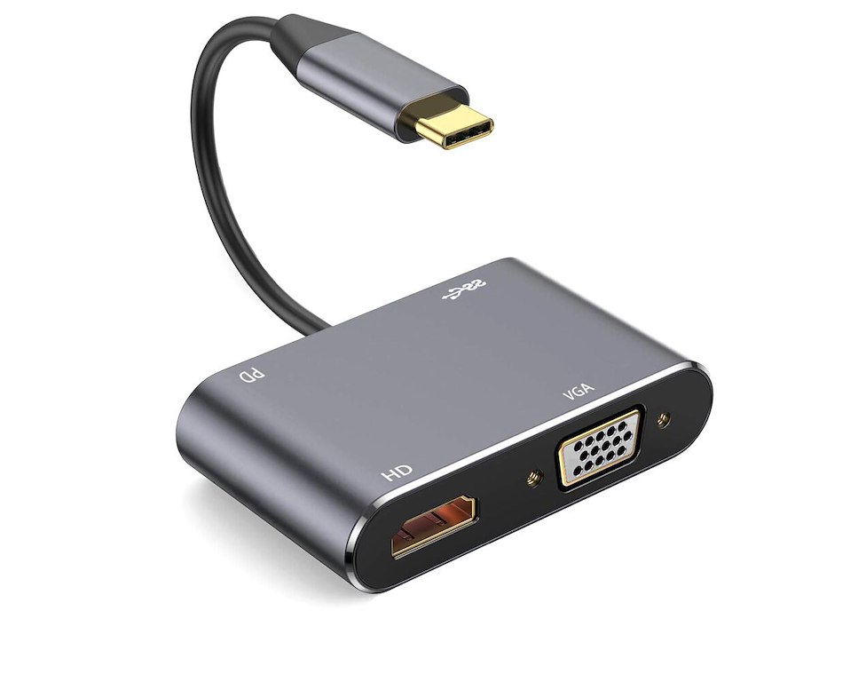 Adapter Type C na HDMI VGA PD USB3.0 4 u 1 sivi