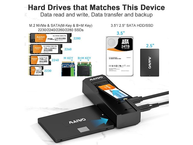 MAIWO Adapter USB Tip-C na SATA/PCIe M.2 NVME/HDD/SSD!
