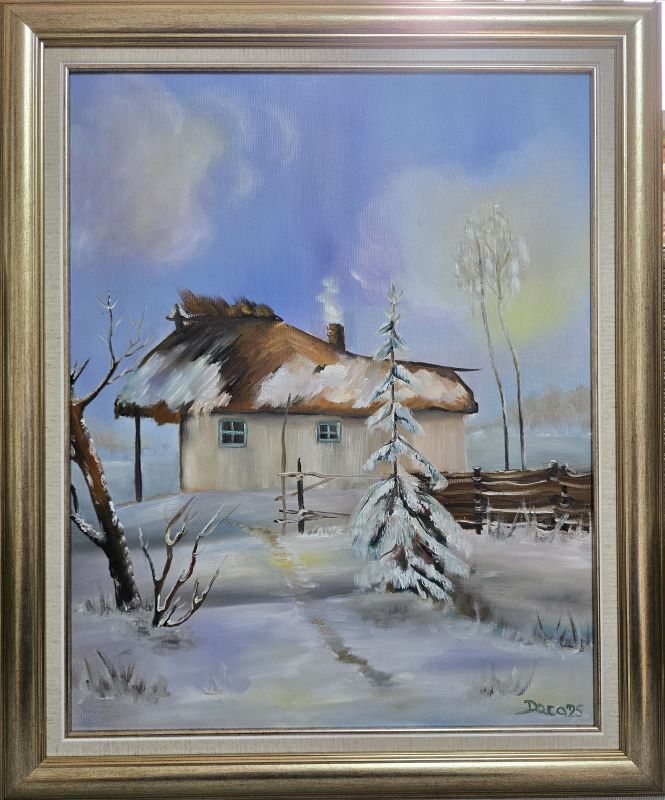 Zimska koliba, Danijela Milovanović, ulje na platnu, sa 60×50 cm, bez 50×40 cm, sertifikat, uramljena, 23600 dinara