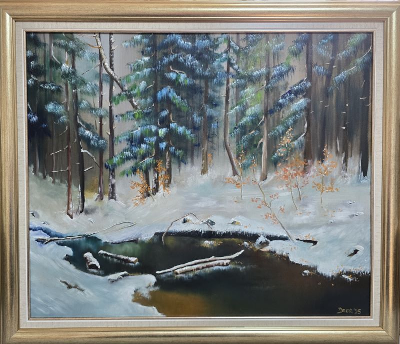 Zimski pejsaž, Danijela Milovanović, ulje na platnu, sa 60×70 cm, bez 50×60 cm, sertifikat, uramljena, 23600 dinara
