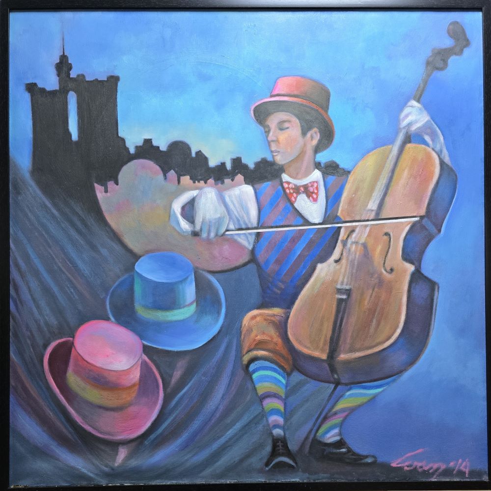 Muzičar, Ivan Vanja Milanović, ulje na platnu, 100×100 cm, sertifikat, 38940 dinara