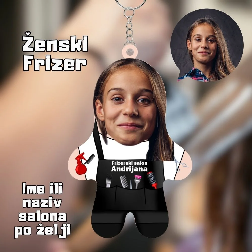 Zenski Frizer Mini Me Drveni Privezak sa tvojim likom i imenom salona
