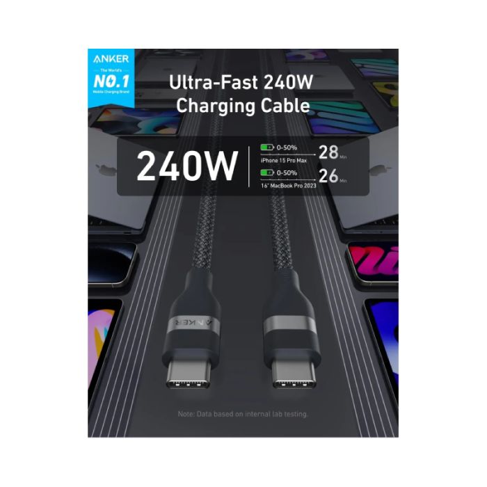 USB tip-C kabl M/M 1.8m, za Super brzo punjenje 240W/480Mbps, pleteni, crni