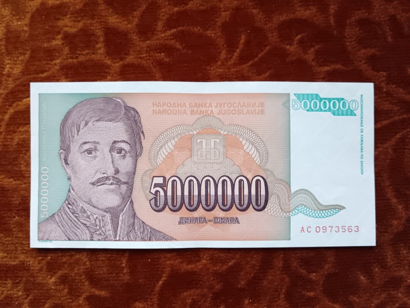 Jugoslavija 5.000.000 dinara,1993 god.aUNC,AA,greška