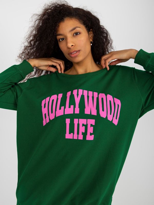 DARK GREEN AND PINK OVERSIZE LONG SWEATSHIRT WITH SLOGAN