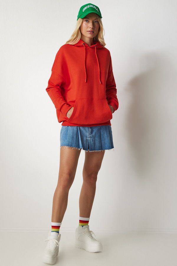 HAPPINESS İSTANBUL WOMEN'S ORANGE HOODED RAISED BASIC SWEATSHIRT