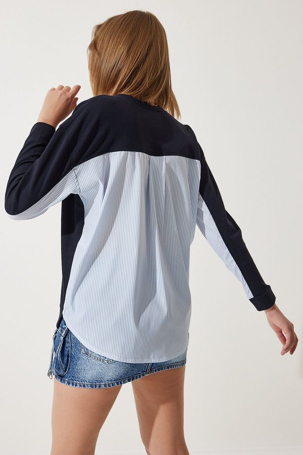 HAPPINESS İSTANBUL WOMEN'S NAVY BLUE POPLIN DETAIL KNITTED SWEATSHIRT