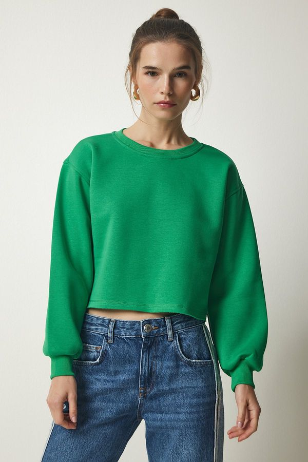HAPPINESS İSTANBUL WOMEN'S GREEN CREW NECK RAISED CROP KNITTED SWEATSHIRT