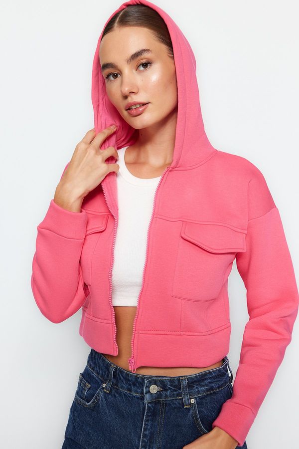 TRENDYOL PINK COMFORTABLE CUT CROP POCKET DETAILED HOODED THICK INSIDE FLEECE KNITTED SWEATSHIRT