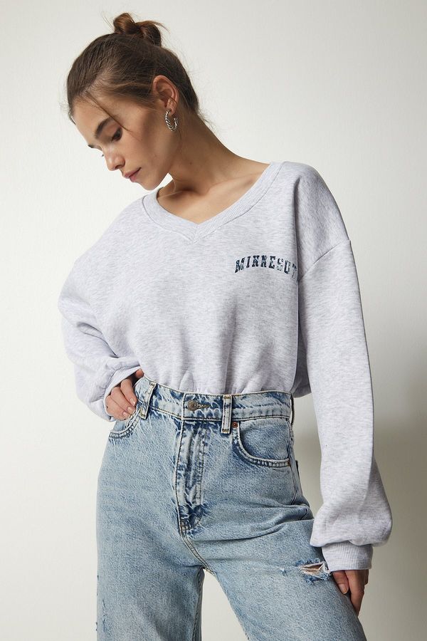 HAPPINESS İSTANBUL WOMEN'S GRAY MELANGE V-NECK OVERSIZE CROP KNITTED SWEATSHIRT