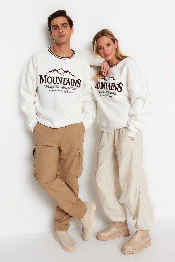 TRENDYOL ECRU UNISEX OVERSIZE/WIDE CUT COLLAR DETAILED FLEECE/WARM SWEATSHIRT