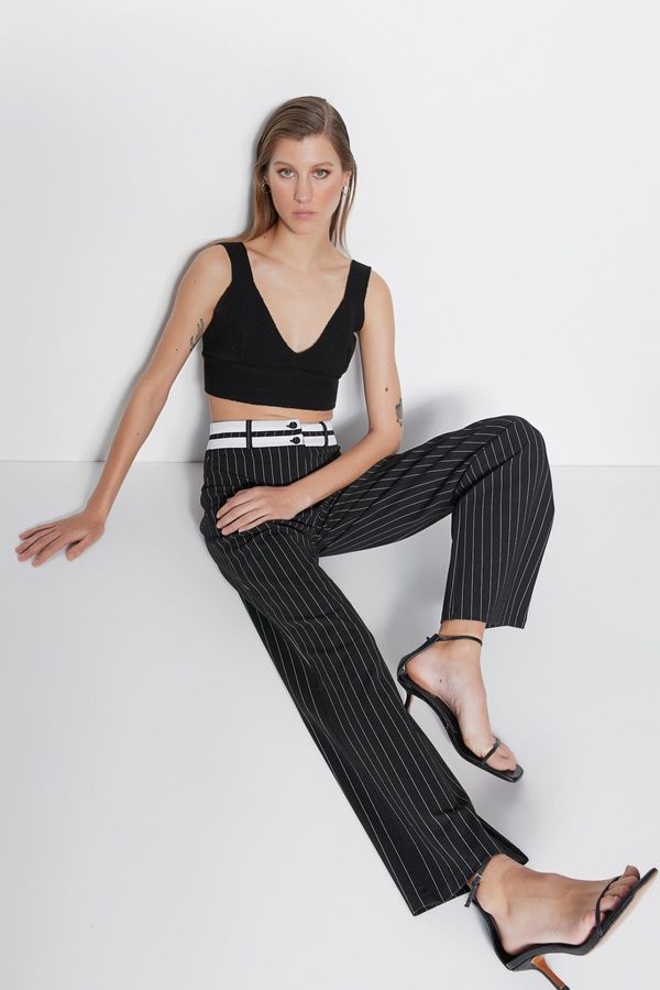 TRENDYOL BLACK CONTRAST WAIST STRIPED SMART COMFORTABLE CUT KNITTED TROUSERS
