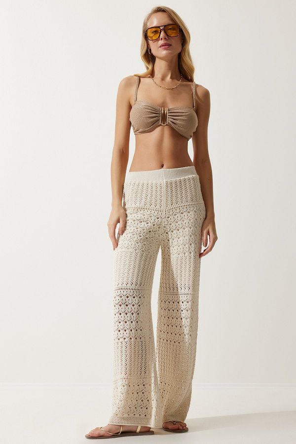 HAPPINESS İSTANBUL WOMEN'S CREAM OPENWORK KNITWEAR TROUSERS