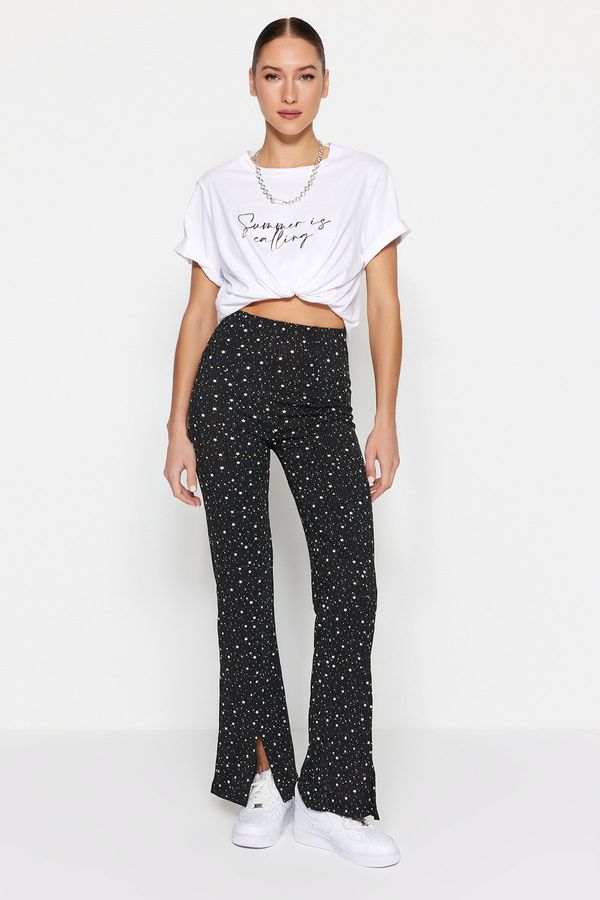 TRENDYOL BLACK POLKA DOT PATTERN SLIT DETAILED HIGH WAIST STRAIGTH KNITTED PANTS