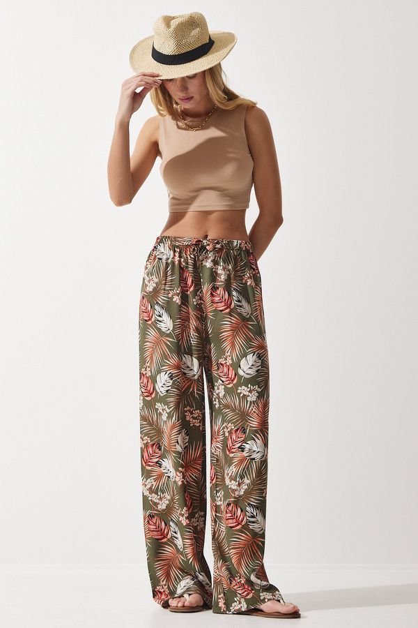 HAPPINESS İSTANBUL WOMEN'S KHAKI TILE PATTERNED FLOWING VISCOSE PALAZZO TROUSERS