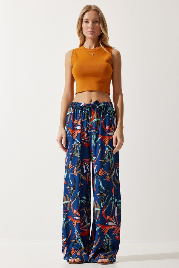 HAPPINESS İSTANBUL WOMEN'S NAVY BLUE TILE PATTERNED FLOWING VISCOSE PALAZZO TROUSERS