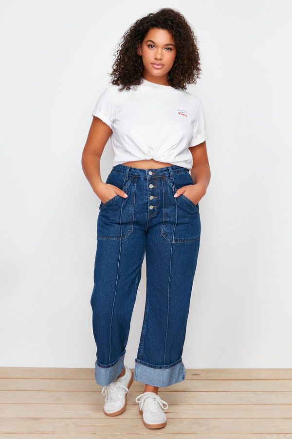 TRENDYOL CURVE DARK BLUE CURLING LEG DETAILED STRAIGHT FIT JEANS