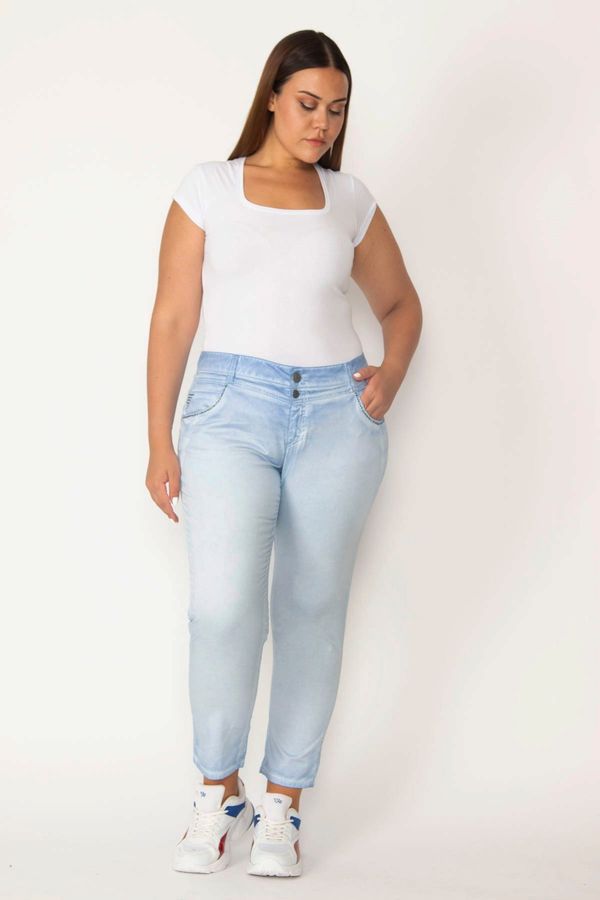 ŞANS WOMEN'S BLUE WASHED EFFECT STONE DETAILED TROUSERS