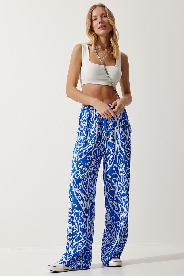 HAPPINESS İSTANBUL WOMEN'S BLUE AND WHITE PATTERNED FLOWING VISCOSE PALAZZO TROUSERS