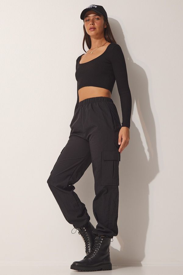 HAPPINESS İSTANBUL WOMEN'S BLACK PARACHUTE CARGO PANTS