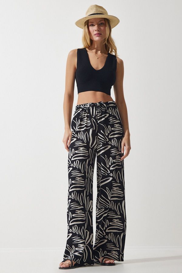 HAPPINESS İSTANBUL WOMEN'S CREAM BLACK PATTERNED FLOWING VISCOSE PALAZZO TROUSERS