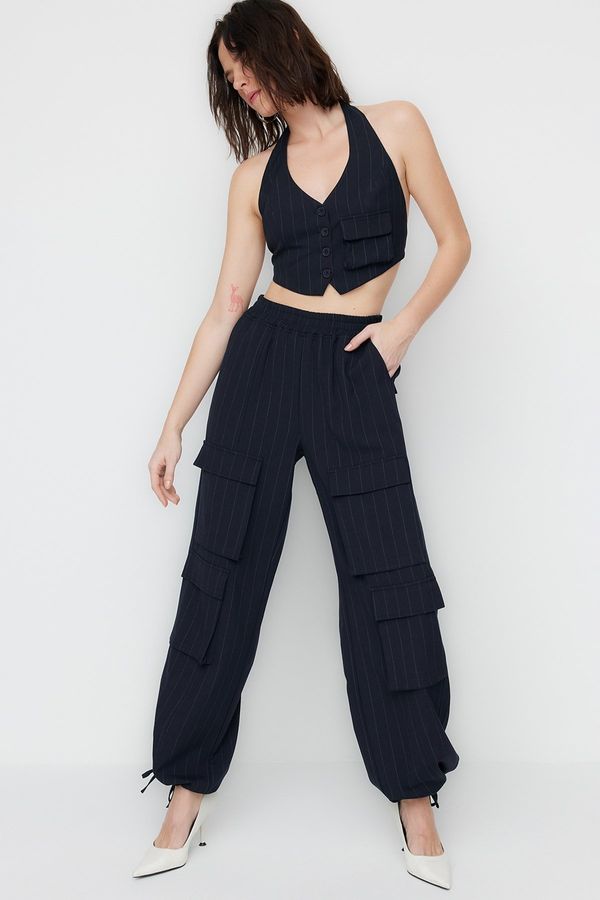 TRENDYOL X SAGAZA STUDIO NAVY BLUE STRIPED CARGO POCKET DETAILED TROUSERS