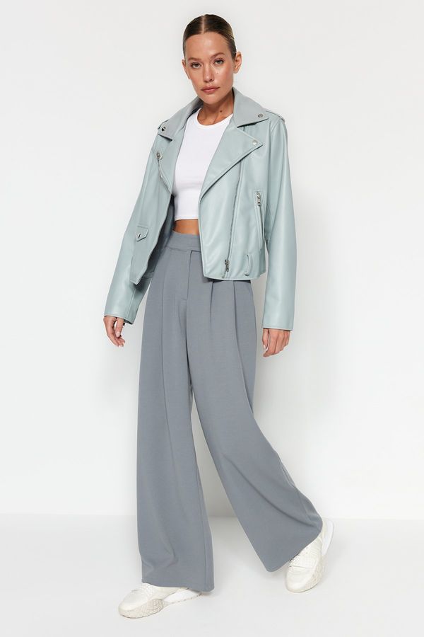 TRENDYOL DOLPHIN GRAY WITH VELCRO BELT HIGH WAIST PLEATED WIDE LEG KNITTED PANTS