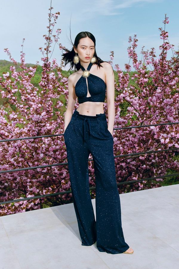 TRENDYOL X ZEYNEP TOSUN NAVY BLUE BELTED LUREX KNITTED TROUSERS