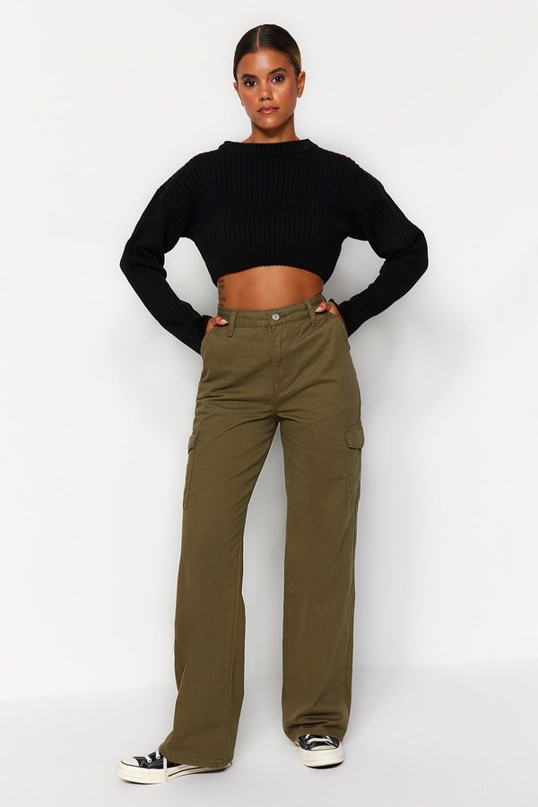 TRENDYOL KHAKI HIGH WAIST WIDE LEG JEANS WITH CARGO POCKET