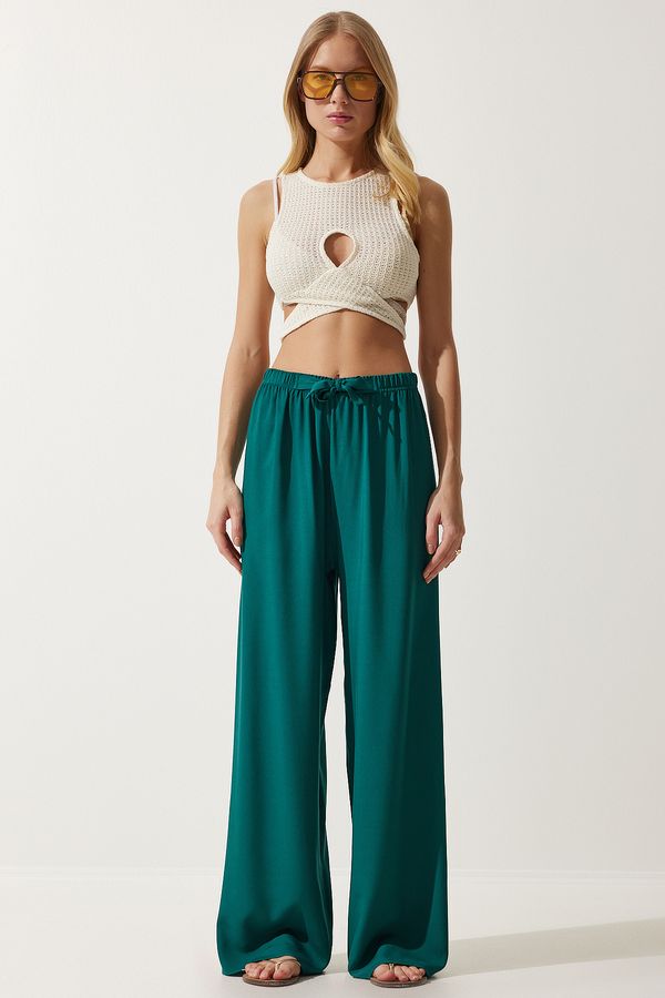 HAPPINESS İSTANBUL WOMEN'S EMERALD GREEN FLOWY KNITTED PALAZZO TROUSERS