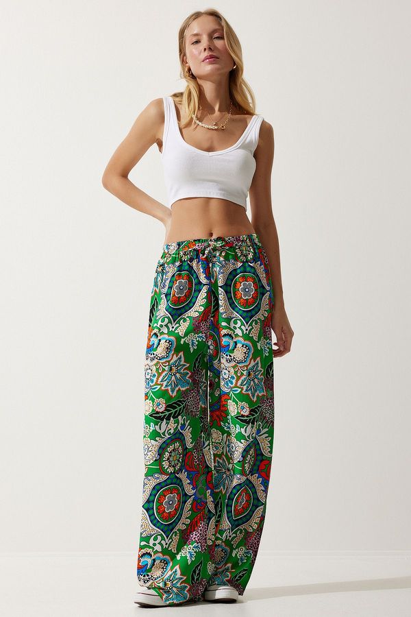 HAPPINESS İSTANBUL WOMEN'S GREEN ORANGE PATTERNED FLOWING VISCOSE PALAZZO TROUSERS