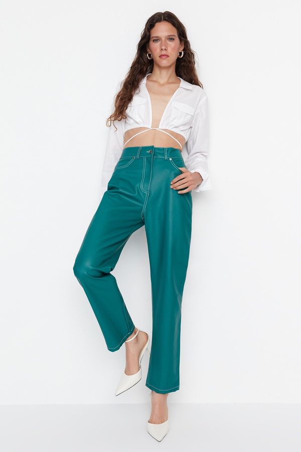 TRENDYOL LIMITED EDITION GREEN STRAIGHT WOVEN FAUX LEATHER TROUSERS