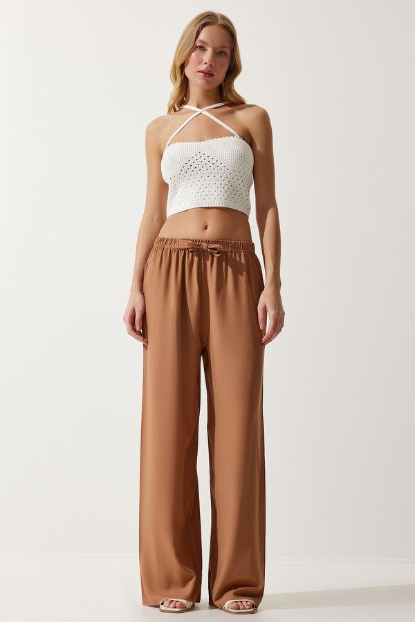 HAPPINESS İSTANBUL WOMEN'S BISCUIT FLOWY KNITTED PALAZZO TROUSERS